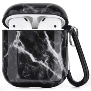 cagos for airpod case, cute marble protective hard cover with keychain compatible with apple airpods 2nd/1st generation case for women men, black