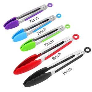 kitchen tongs with silicone tips - fortomorrow set of 5, 7 9 inch premium silicone tipped tongs for cooking heat resistant, serving food, bbq