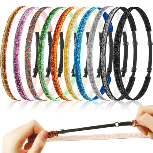 10 Pcs Glitter Non Slip Running Headbands Elastic Girls Sports Velvet Sparkly Fabric Stretchy Shiny Headbands Pack Workout Fashion Hair Accessories for Teen Girl Women Party Favors(0.4 Inches/ 1 cm)