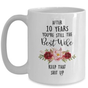 Whizk 10th Anniversary Mug For Wife 10 Year Aniversity Coffee Mug -Ten Happy 1oth Tenth Yr Tin Aluminium Wedding For Her From Husband - Funny Tea Cup Women 11 oz or Large 15 oz M2V0037