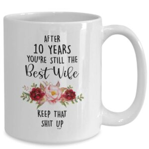 Whizk 10th Anniversary Mug For Wife 10 Year Aniversity Coffee Mug -Ten Happy 1oth Tenth Yr Tin Aluminium Wedding For Her From Husband - Funny Tea Cup Women 11 oz or Large 15 oz M2V0037