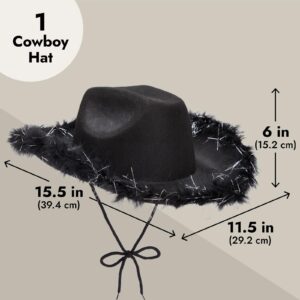 Juvolicious Cowboy Hats for Women and Men - Fluffy, Sparkly Black Cowgirl Hat with Feathers for Costume, Dress Up Birthday, Party