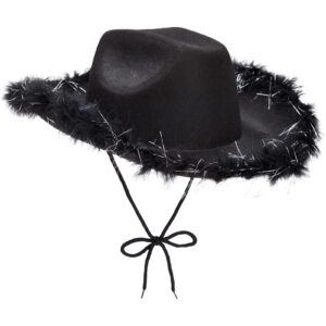 juvolicious cowboy hats for women and men - fluffy, sparkly black cowgirl hat with feathers for costume, dress up birthday, party