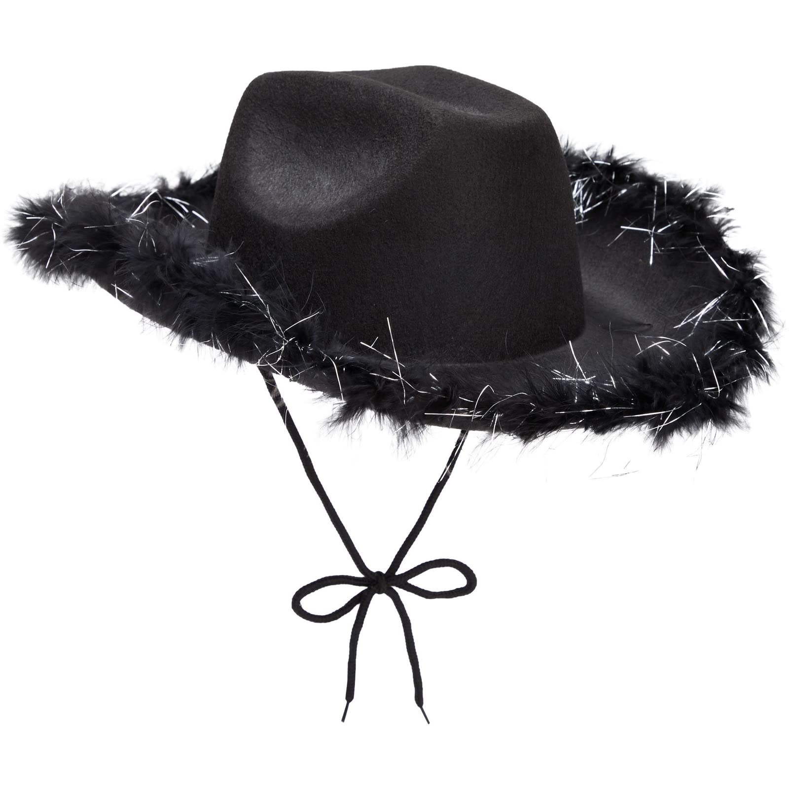 Juvolicious Cowboy Hats for Women and Men - Fluffy, Sparkly Black Cowgirl Hat with Feathers for Costume, Dress Up Birthday, Party