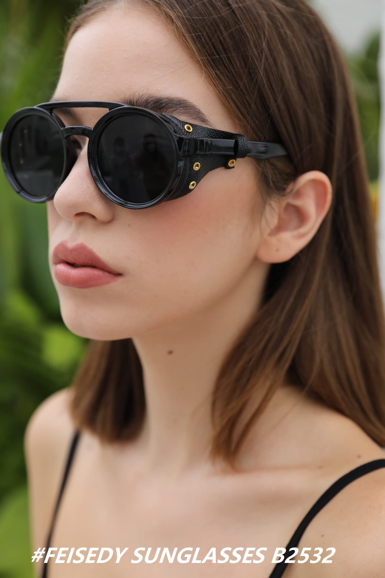 FEISEDY Retro Round Steampunk Sunglasses Women Men Vintage Eyewear Light Plastic Frame with Leatherwear B2532