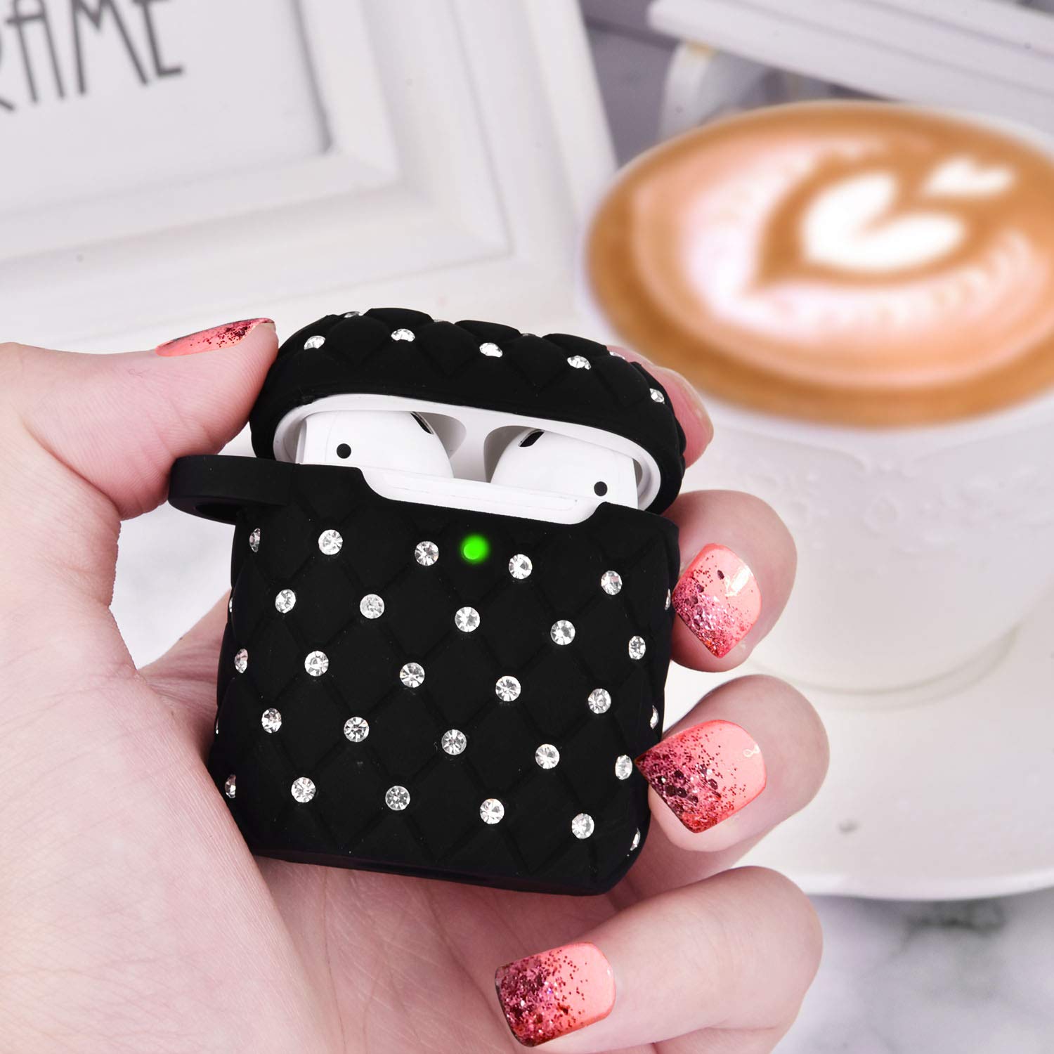 CAGOS for Airpod Case 2nd/1st Generation, Cute Rhinestone Airpods Case Protective Cover Accessories Keychain Compatible with Airpods Gen 2 1st Case Women Girls, Black