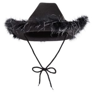 Juvolicious Cowboy Hats for Women and Men - Fluffy, Sparkly Black Cowgirl Hat with Feathers for Costume, Dress Up Birthday, Party