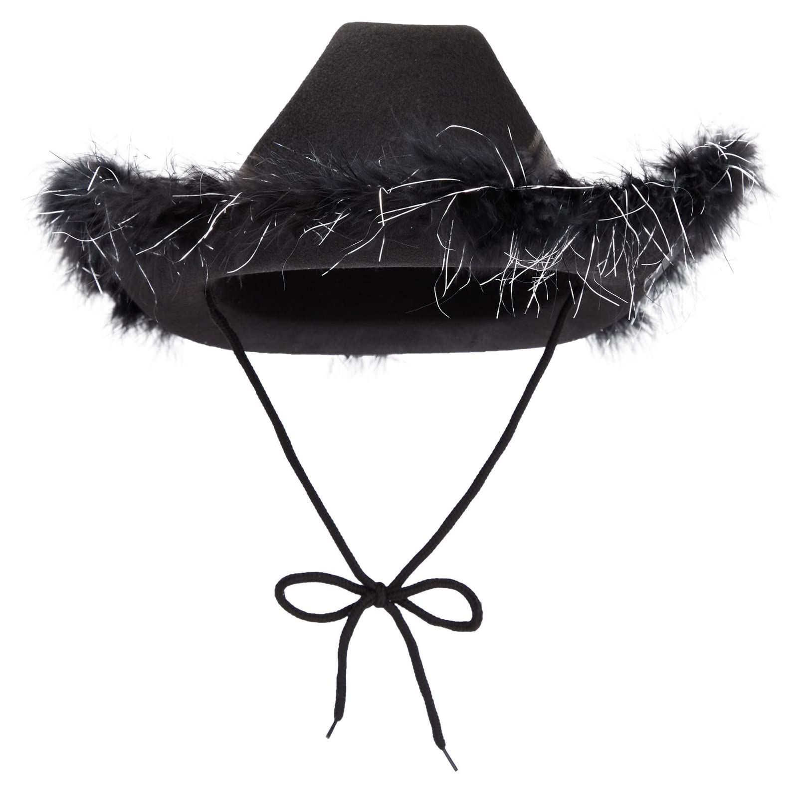 Juvolicious Cowboy Hats for Women and Men - Fluffy, Sparkly Black Cowgirl Hat with Feathers for Costume, Dress Up Birthday, Party