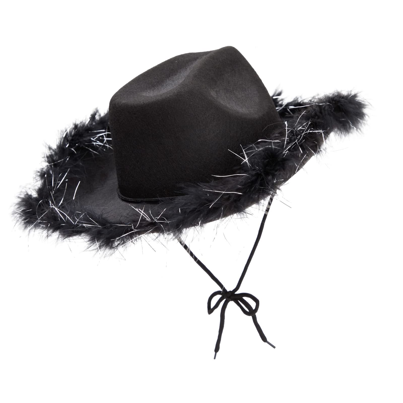 Juvolicious Cowboy Hats for Women and Men - Fluffy, Sparkly Black Cowgirl Hat with Feathers for Costume, Dress Up Birthday, Party