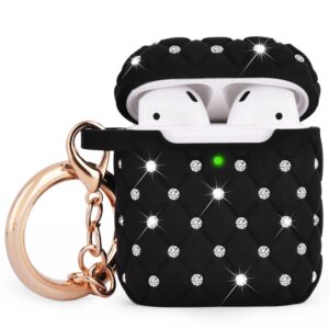 cagos for airpod case 2nd/1st generation, cute rhinestone airpods case protective cover accessories keychain compatible with airpods gen 2 1st case women girls, black