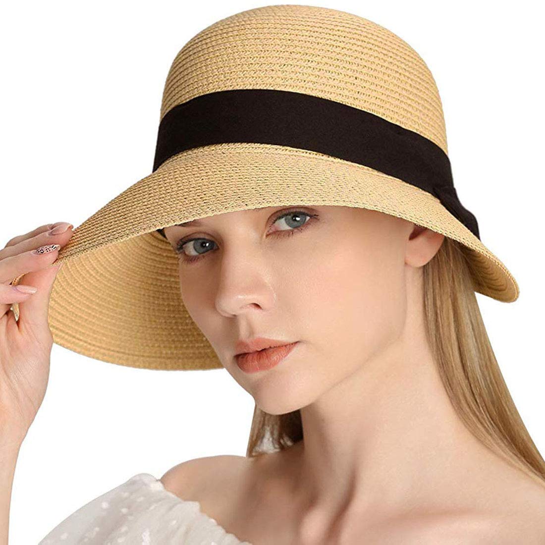 Womens Sun Straw Hat Wide Brim UV Protection Summer Hat Foldable Roll up Floppy Beach Hats with Bowknot Brown