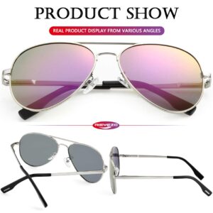 AIEYEZO Classic Aviator Polarized Sunglasses for Men Women Spring Hinge Metal Frame UV400 Protection (Silver/Purple Mirror)