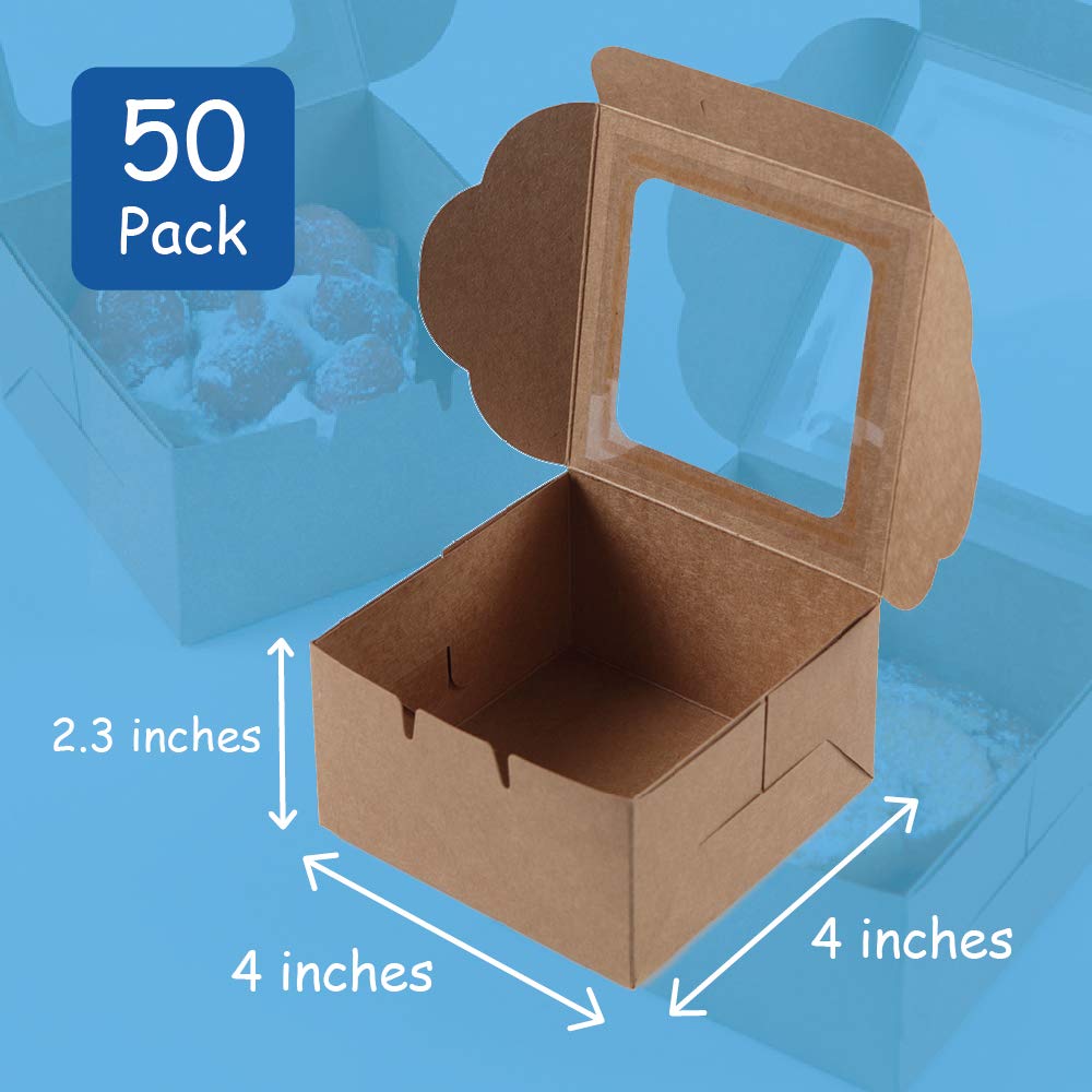 Bubbley Kraft Paper Bakery Boxes - 50-Pack Single Pastry Box 4-Inch, Packaging with Clear Display Window, Donut, Mini Cake, Pie Slice, Dessert Disposable Take-Out Container, Brown, 4 x 2.3 x 4 Inches