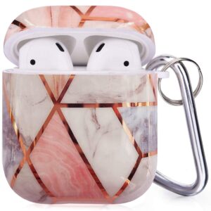 qokey compatible with airpods case,bling marble soft silicone case cover wireless charging case portable & shockproof women girls men with carabiner protective case for airpods 1 & 2,rose gold marble