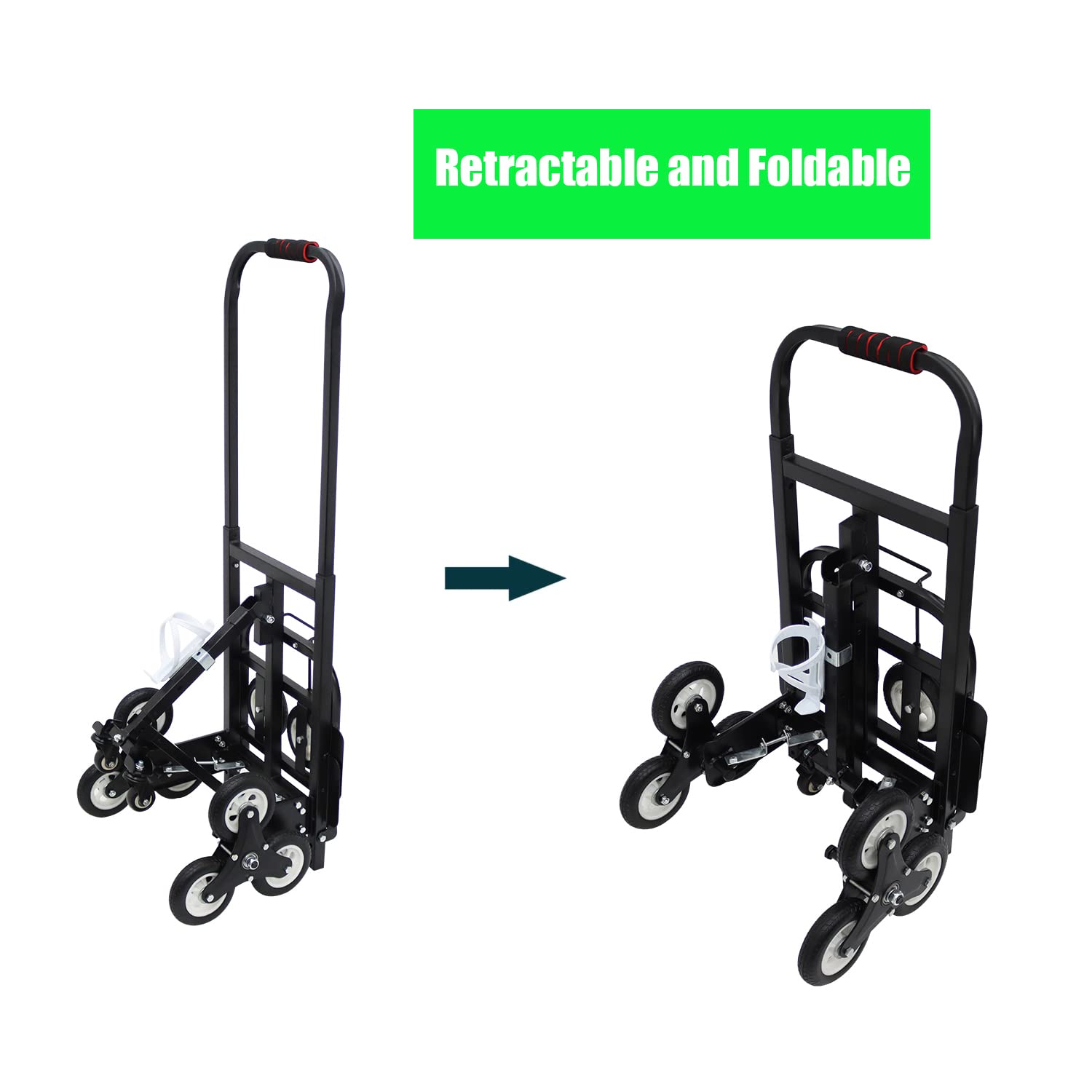 INTBUYING Stair Climber Hand Trucks Portable Folding,Rubber Mute Wheel,Adjustable Handle Length.420 LBS Capacity Handcart Luggage Cart with 6 Wheels and 2 Backup Wheels (Black)-with 2 Casters