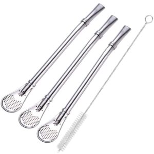 yerba mate bombilla gourd drinking filter straws 304 food-grade stainless steel 6.1 inch long spoon bombillas straws for mate tea set of 3 with cleaning brush (silver)