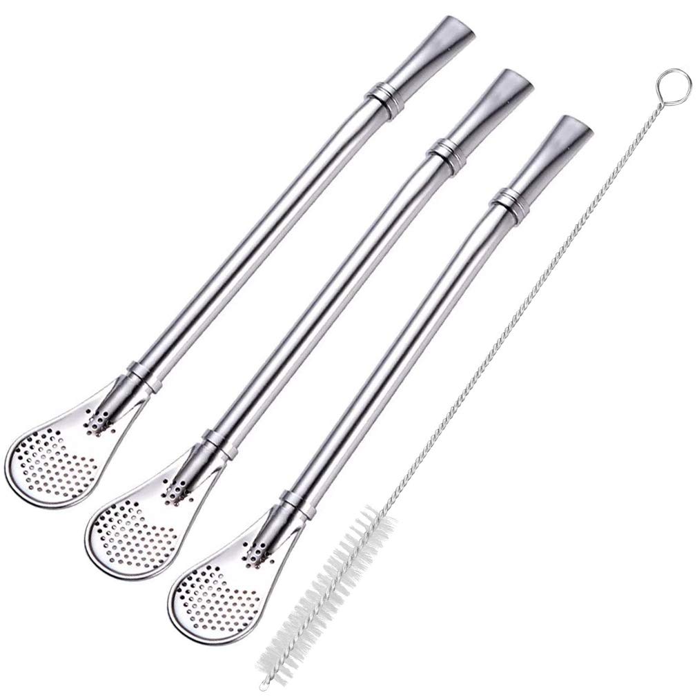 Yerba Mate Bombilla Gourd Drinking Filter Straws 304 Food-Grade Stainless Steel 6.1 inch Long Spoon Bombillas Straws for Mate Tea Set of 3 with Cleaning Brush (silver)