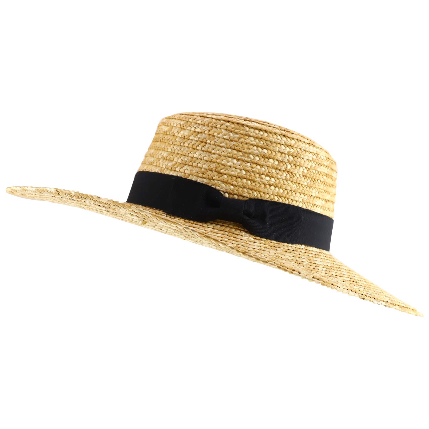 Trendy Apparel Shop Women's 4" Brim Ribbon Band Boater Wide Brim Straw Sun Hat - Natural