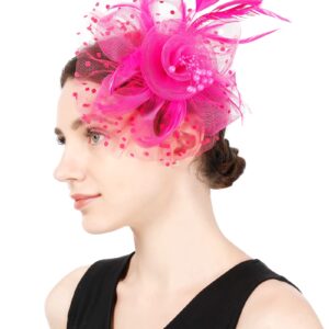 Fascinators Hat Flower Cocktail Lace Mesh Feathers Headband Clip for Women Tea Party Wedding Vintage Derby Hats-Hot Pink-01