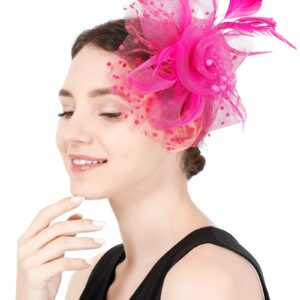 Fascinators Hat Flower Cocktail Lace Mesh Feathers Headband Clip for Women Tea Party Wedding Vintage Derby Hats-Hot Pink-01