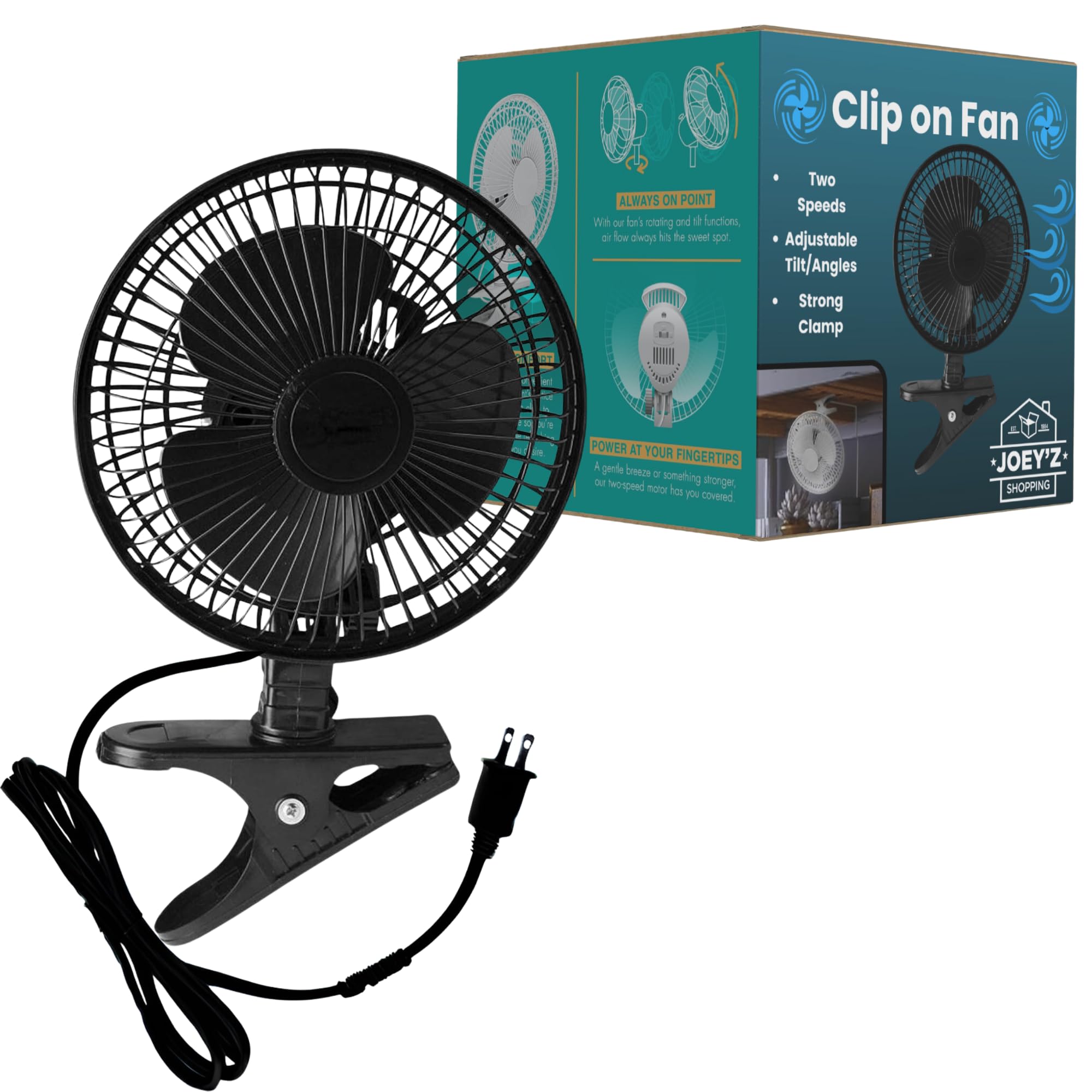 JOEY'Z 6 INCH - 2 Speed - Adjustable Tilt, Whisper Quiet Operation Clip-On-Fan with 5.5 Foot Cord and Steel Safety Grill (1, 6" Fan with 5 FT Cord, Black)