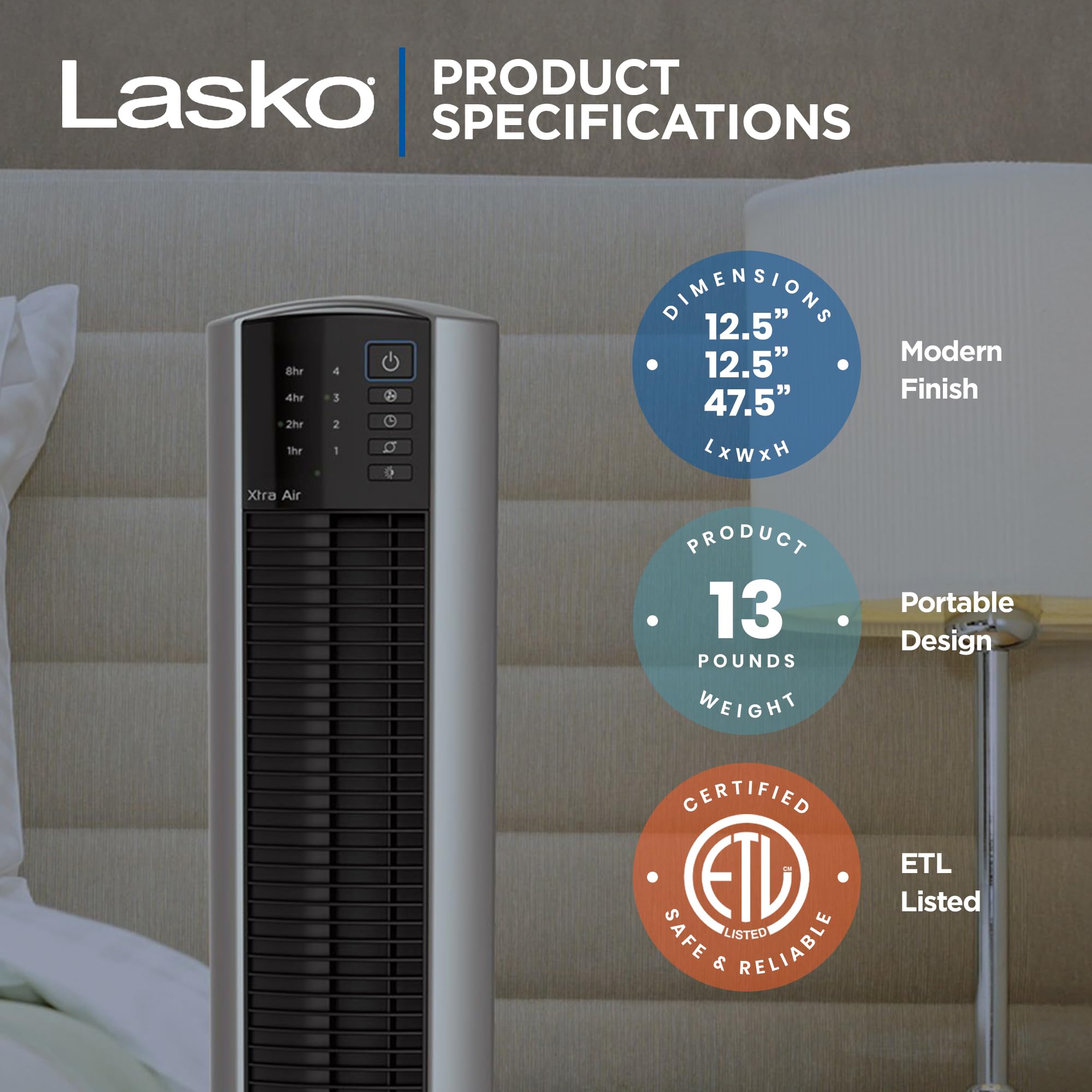 Lasko XtraAir 48 Inch Widespread Home Oscillating Tower Fan with Electronic Controls, Remote, 8 Hour Timer, and Nighttime Setting, Silver