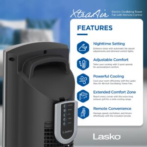 Lasko XtraAir 48 Inch Widespread Home Oscillating Tower Fan with Electronic Controls, Remote, 8 Hour Timer, and Nighttime Setting, Silver