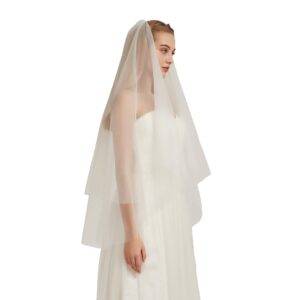 leimandy double layer tulle bridal veil 2 tier sheer wedding veil with comb b013 (ivory, 40'' length)