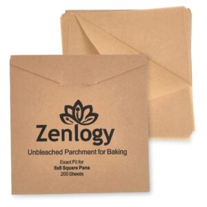 zenlogy 8x8 parchment squares (200 sheets) - unbleached, non-stick, pre-cut parchment paper - fits 8x8 brownie square pans and toaster oven trays, and air fryer - great for wraps, baking, roasting