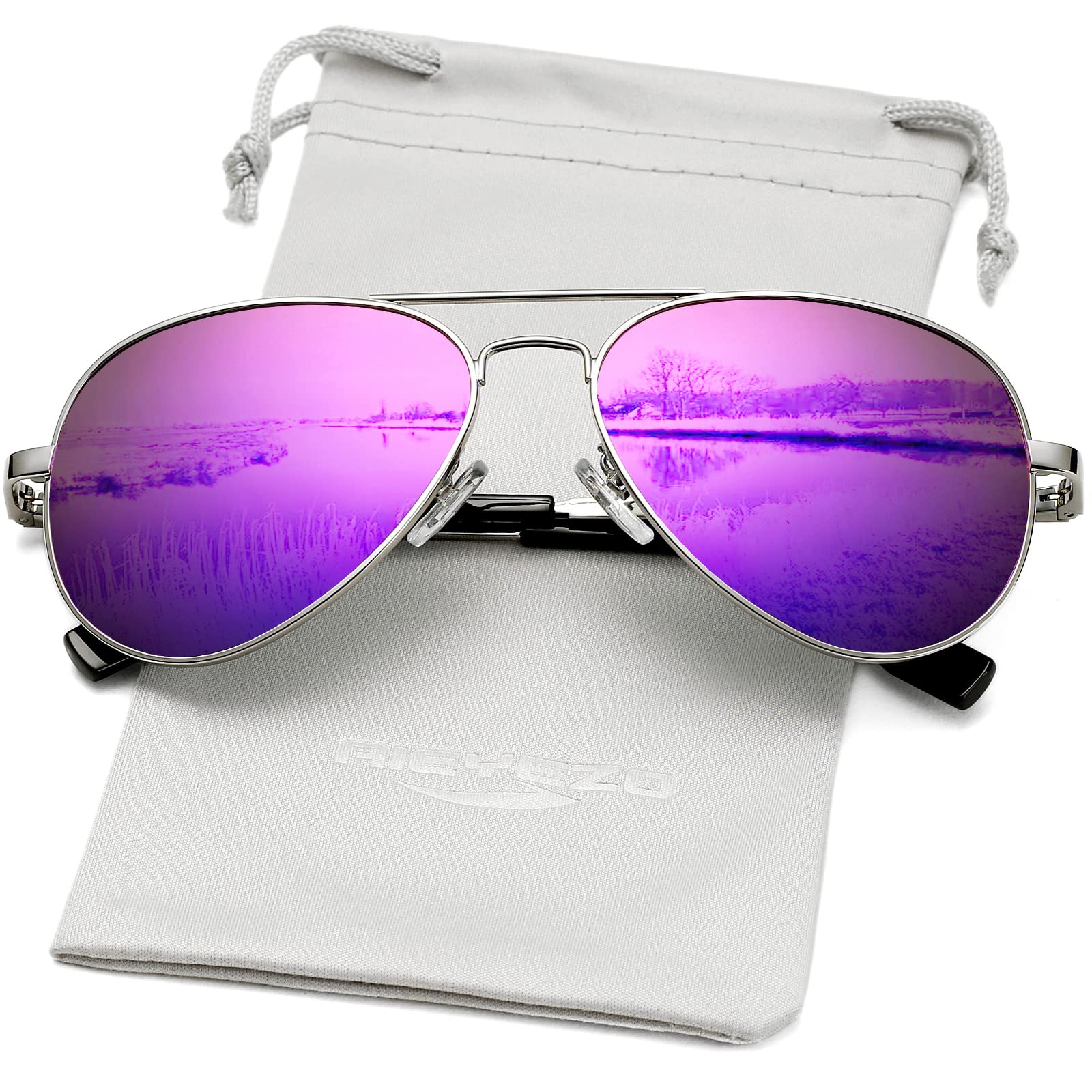 AIEYEZO Classic Aviator Polarized Sunglasses for Men Women Spring Hinge Metal Frame UV400 Protection (Silver/Purple Mirror)