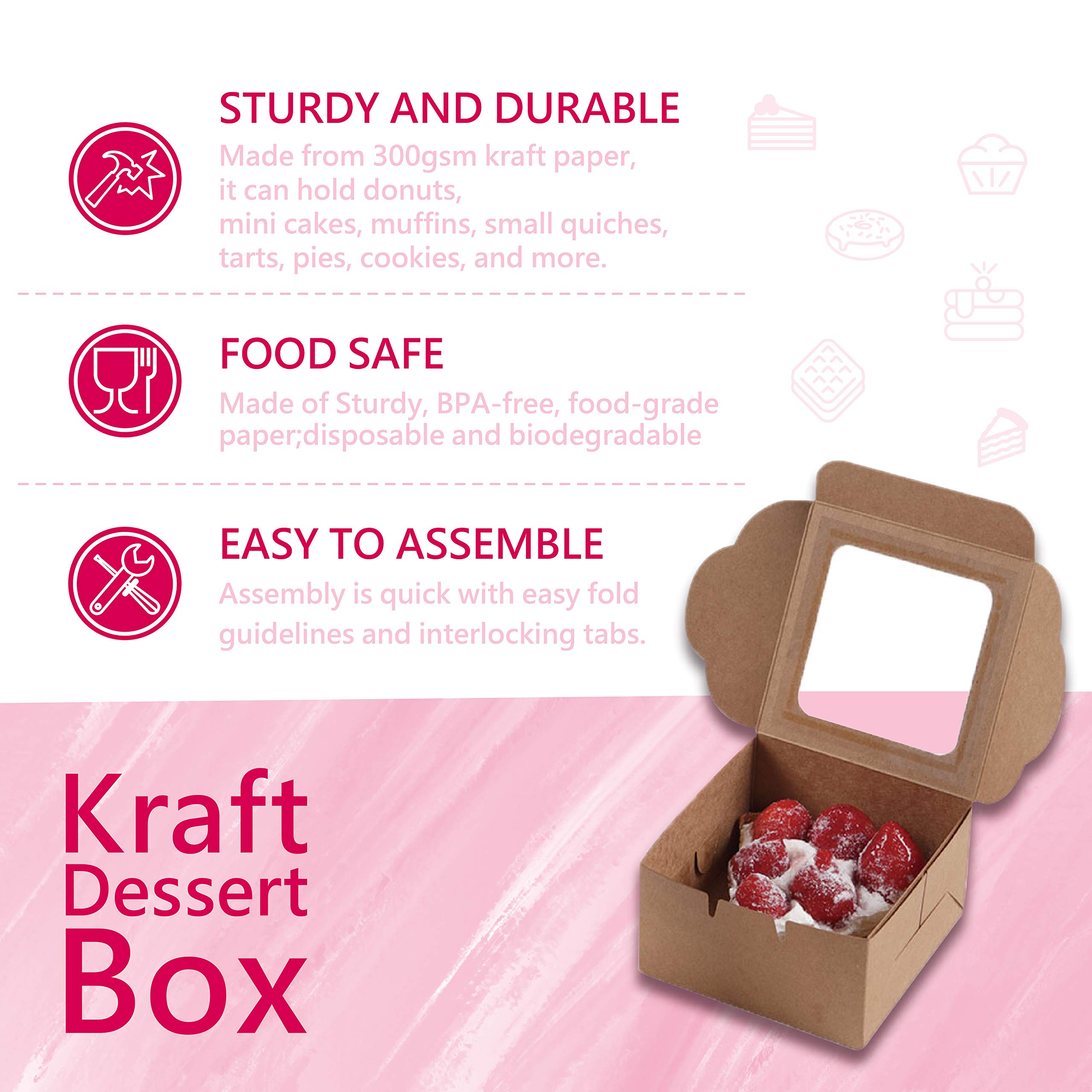 Bubbley Kraft Paper Bakery Boxes - 50-Pack Single Pastry Box 4-Inch, Packaging with Clear Display Window, Donut, Mini Cake, Pie Slice, Dessert Disposable Take-Out Container, Brown, 4 x 2.3 x 4 Inches