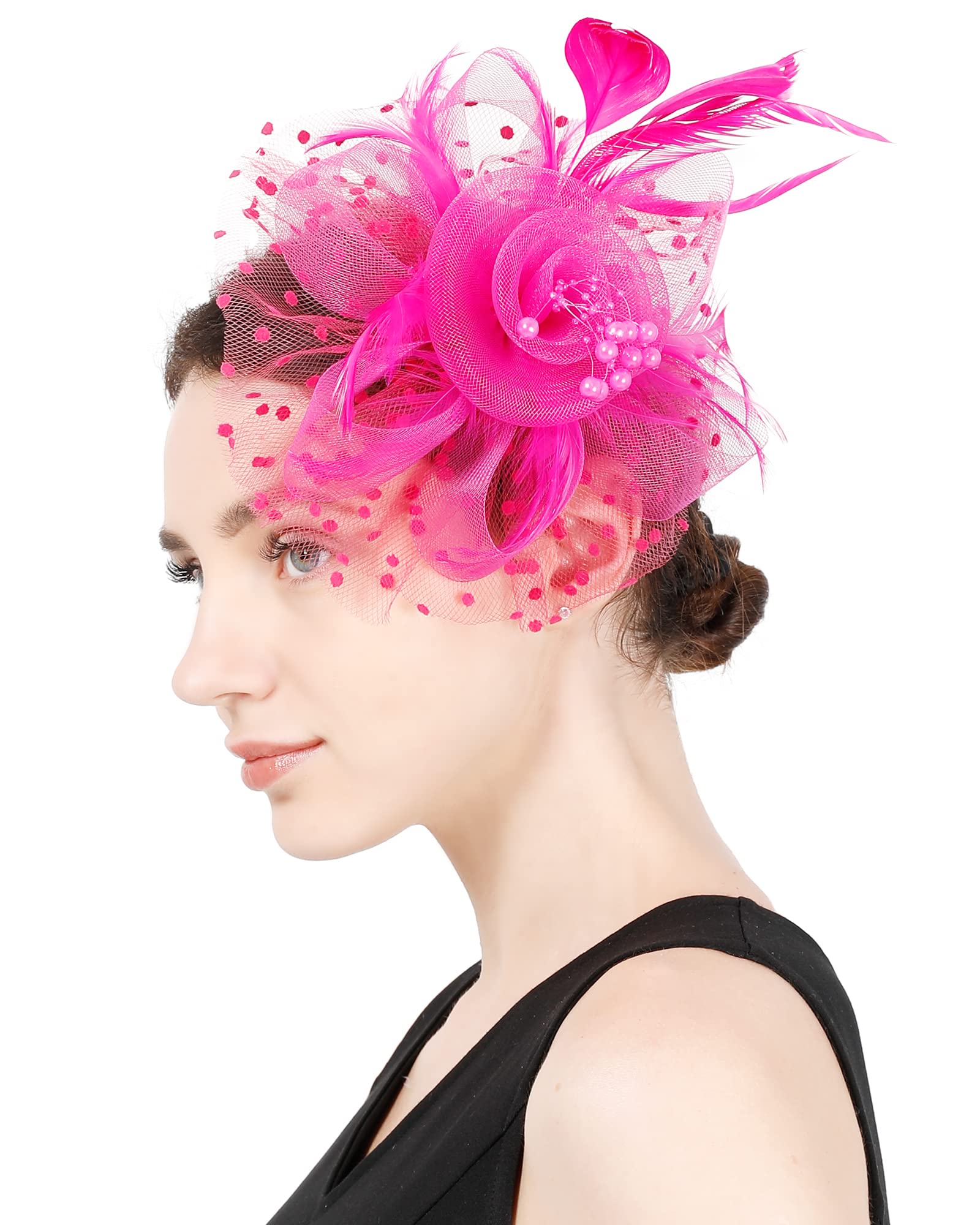 Fascinators Hat Flower Cocktail Lace Mesh Feathers Headband Clip for Women Tea Party Wedding Vintage Derby Hats-Hot Pink-01