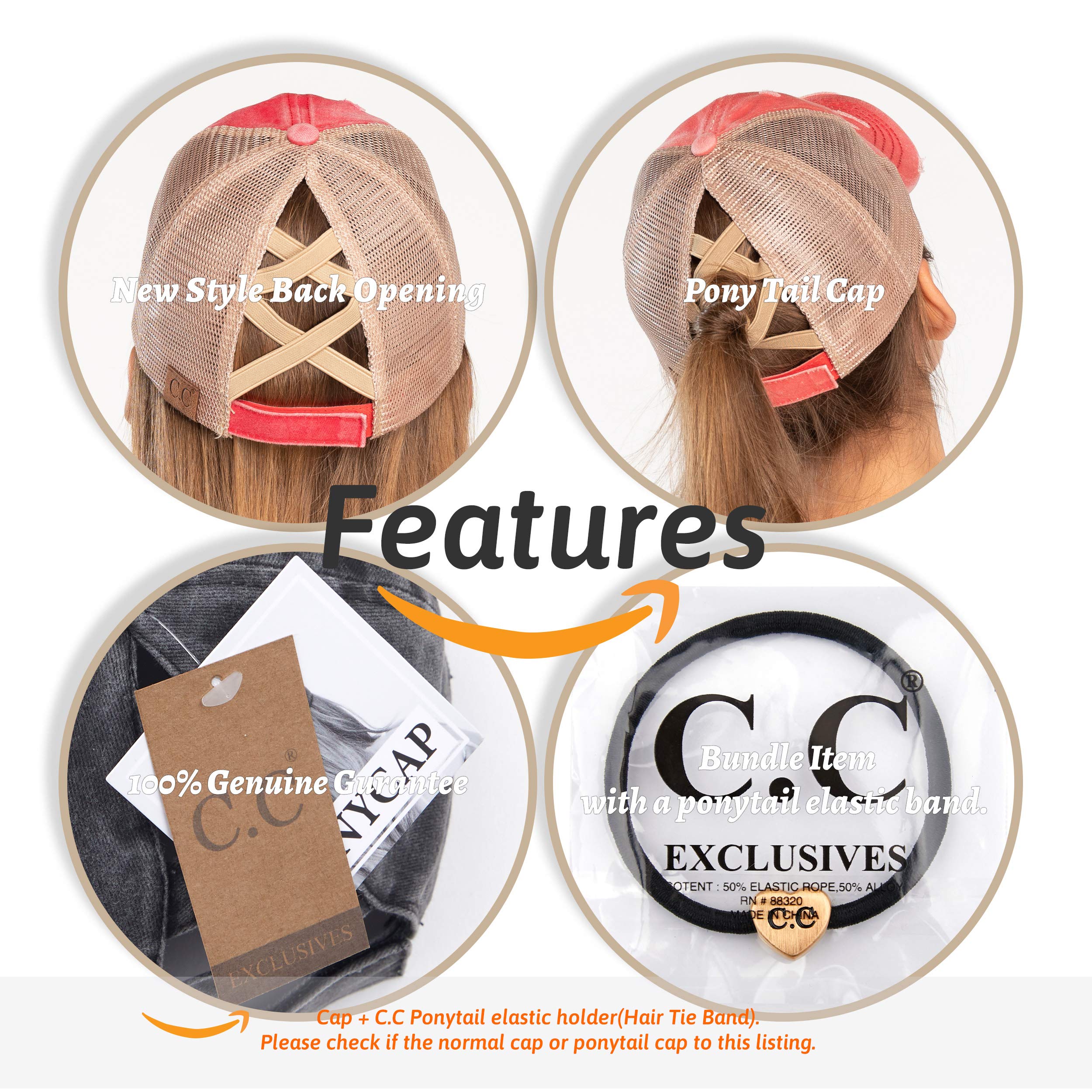 C.C Exclusives Washed Distressed Cotton Denim Criss-Cross Ponytail Hat Baseball Cap Bundle Hair Tie (BT-780)(BT-791) (A Elastic Band-Khaki)