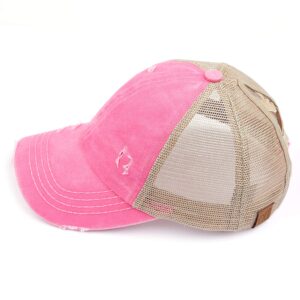 C.C Exclusives Washed Distressed Cotton Denim Criss-Cross Ponytail Hat Baseball Cap Bundle Hair Tie (BT-780)(BT-791) (A Elastic Band-Pink)