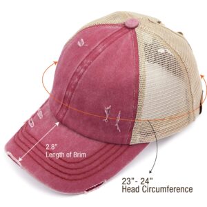 C.C Exclusives Washed Distressed Cotton Denim Criss-Cross Ponytail Hat Baseball Cap Bundle Hair Tie (BT-780)(BT-791) (A Elastic Band-Berry)