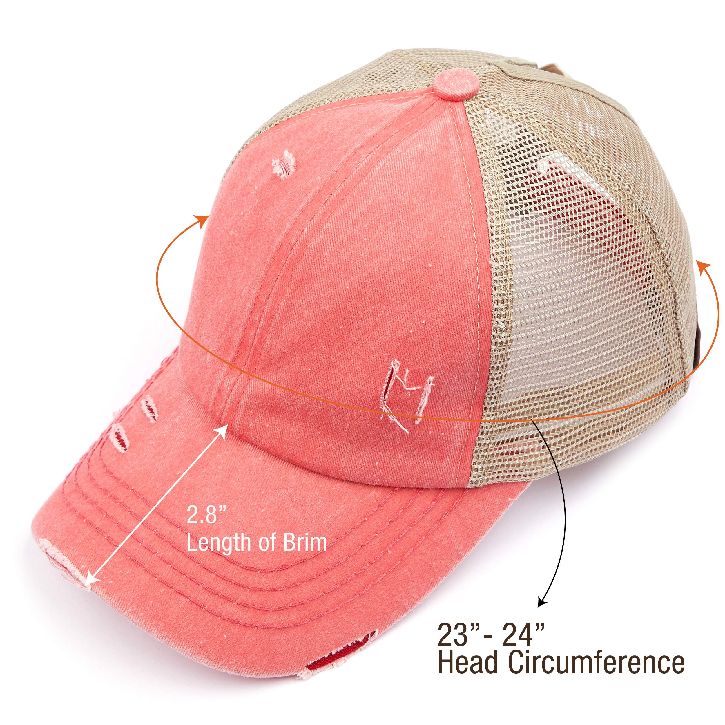 C.C Exclusives Washed Distressed Cotton Denim Criss-Cross Ponytail Hat Baseball Cap Bundle Hair Tie (BT-780)(BT-791) (A Elastic Band-Coral)