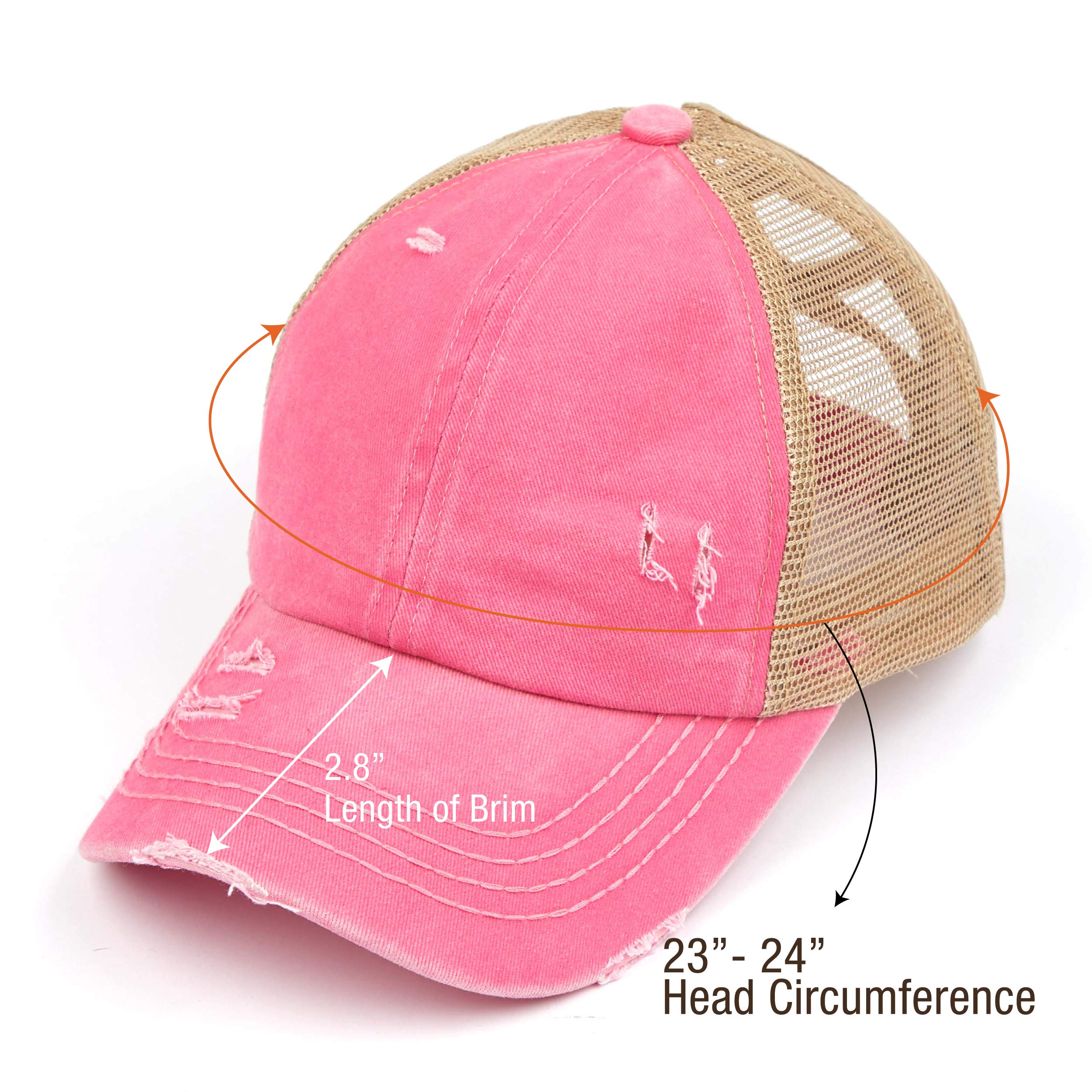 C.C Exclusives Washed Distressed Cotton Denim Criss-Cross Ponytail Hat Baseball Cap Bundle Hair Tie (BT-780)(BT-791) (A Elastic Band-Pink)