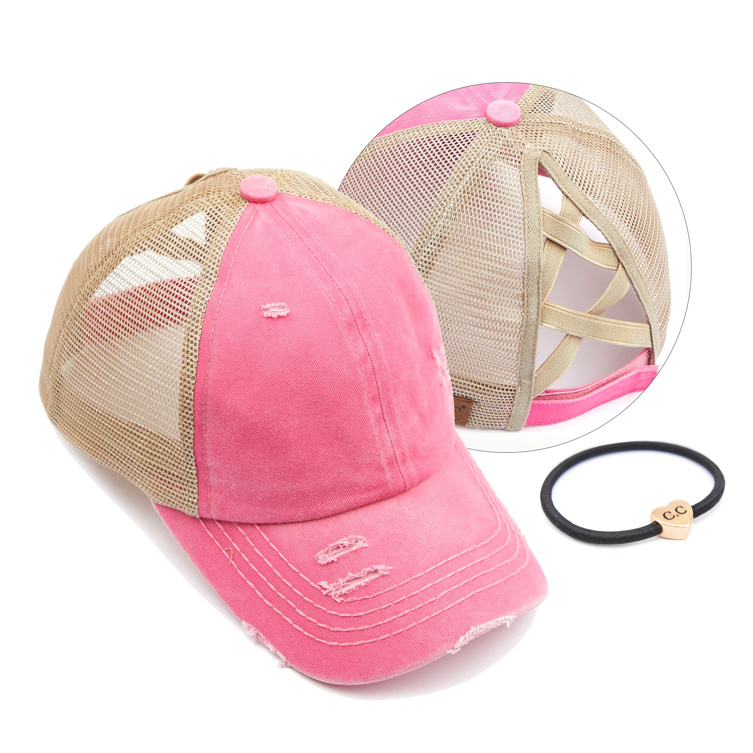 C.C Exclusives Washed Distressed Cotton Denim Criss-Cross Ponytail Hat Baseball Cap Bundle Hair Tie (BT-780)(BT-791) (A Elastic Band-Pink)