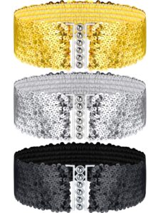 3 pieces sequin belt for 70s 80s costume party, disco party costume wide waist elastic cinch belt cheerleader stretchy belt for women girl metal buckle glitter (gold silver black)