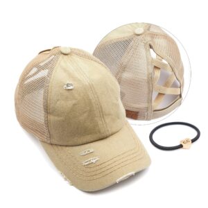 c.c exclusives washed distressed cotton denim criss-cross ponytail hat baseball cap bundle hair tie (bt-780)(bt-791) (a elastic band-khaki)