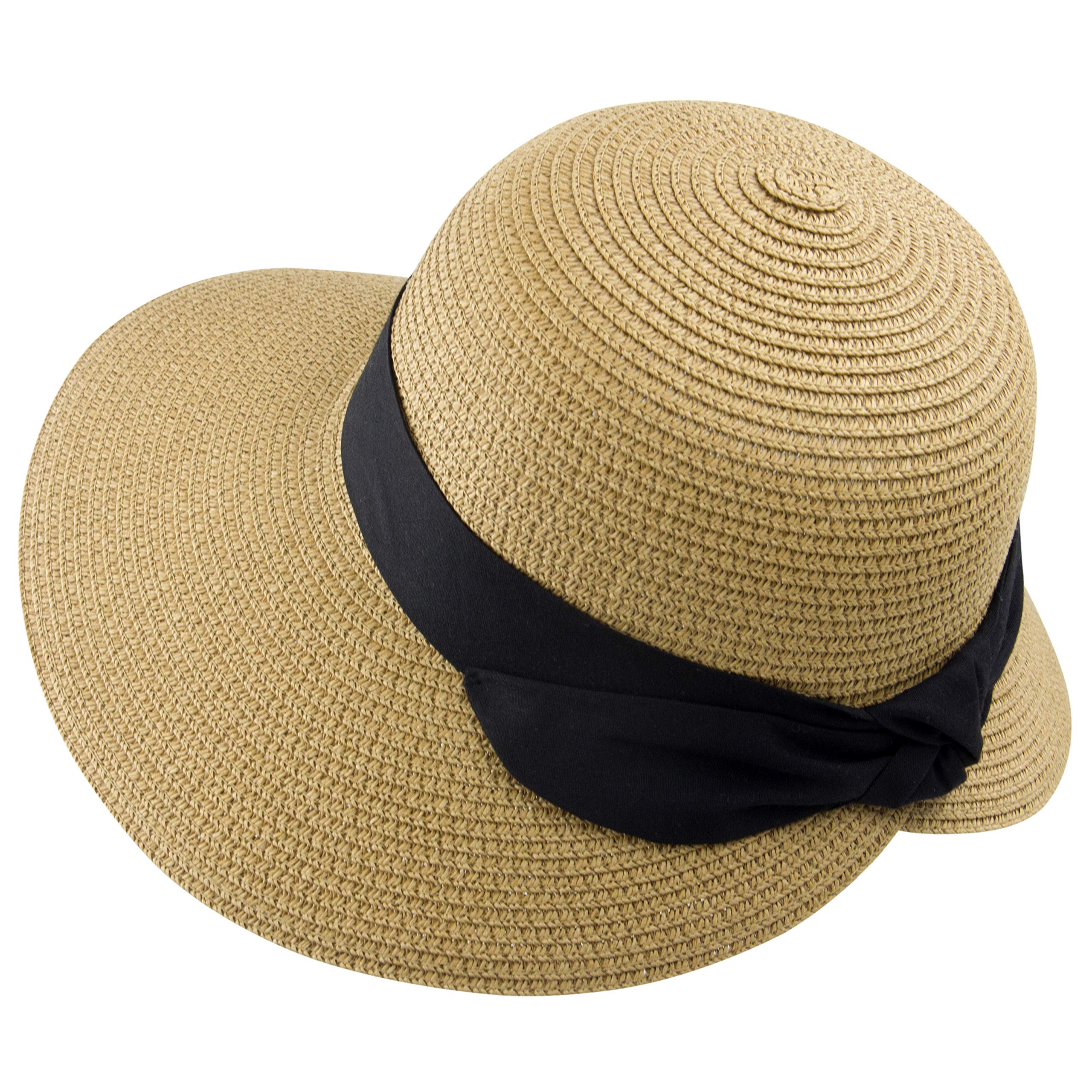 Womens Sun Straw Hat Wide Brim UV Protection Summer Hat Foldable Roll up Floppy Beach Hats with Bowknot Brown