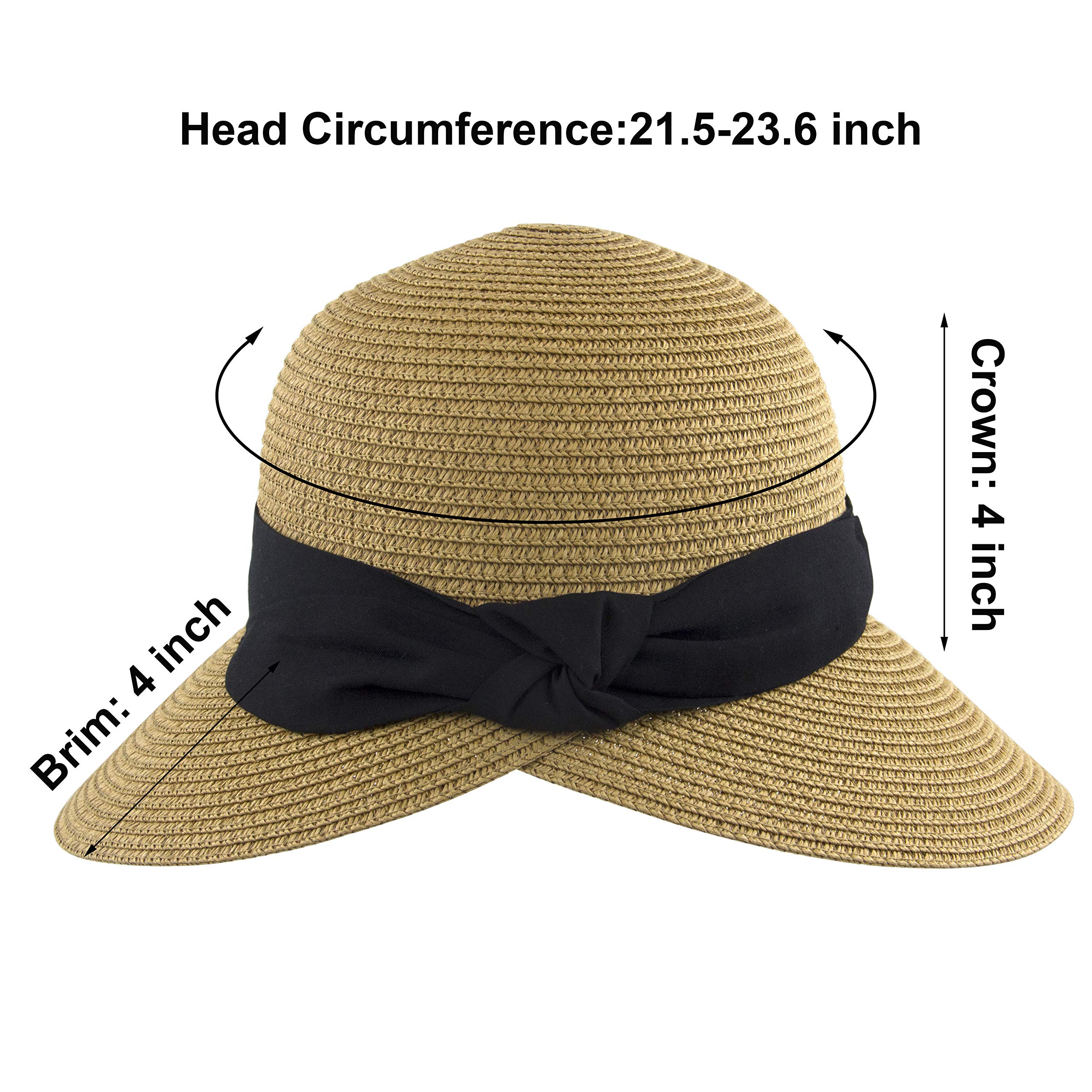 Womens Sun Straw Hat Wide Brim UV Protection Summer Hat Foldable Roll up Floppy Beach Hats with Bowknot Brown