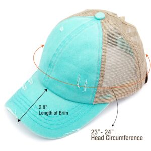 C.C Exclusives Washed Distressed Cotton Denim Criss-Cross Ponytail Hat Baseball Cap Bundle Hair Tie (BT-780)(BT-791) (A Elastic Band-Mint)