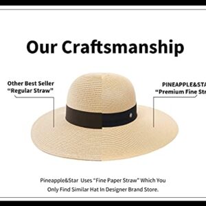 Pineapple&Star Jeune Wide Brim Sun Straw Beach Hat Fine Braid UPF50+ for Women (Small, Beige)