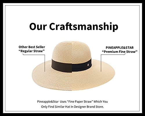 Pineapple&Star Jeune Wide Brim Sun Straw Beach Hat Fine Braid UPF50+ for Women (Small, Beige)