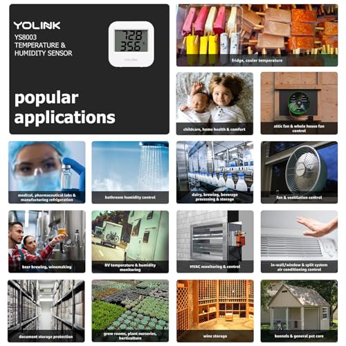 YoLink Smart Wireless Temperature & Humidity Sensor, Wide Temp Range for Freezer, Fridge, Green House, Pet Cage, App Alerts, Emails, Text/SMS alerts- Hub Required