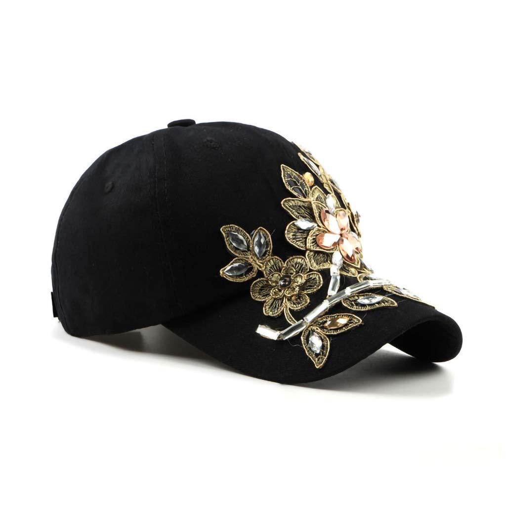 Gudessly Bling Women Baseball Cap Flower Snapback Rhinestone Sun Hats Adjustable Denim Jeans Hat