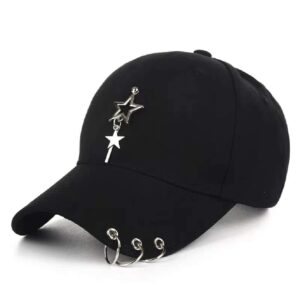 unisex black fitted cap, k-pop cap, baseball cap with ring chain, metallic cap, unique cap, cap with star