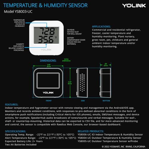 YoLink Smart Wireless Temperature & Humidity Sensor, Wide Temp Range for Freezer, Fridge, Green House, Pet Cage, App Alerts, Emails, Text/SMS alerts- Hub Required