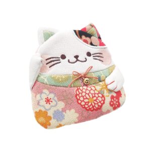 [BAR AUTOTECH] Zipper Maneki Neko lucky cat coin purse- Chirimen Kimono Print Style kawaii Cat Coin Wallet Holder for Coin Money Credit cards (Pink)